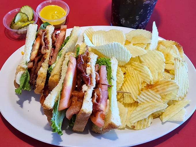 The club sandwich—architecture you can eat. Three stories of deliciousness held together with toothpicks and determination, served with rippled chips.