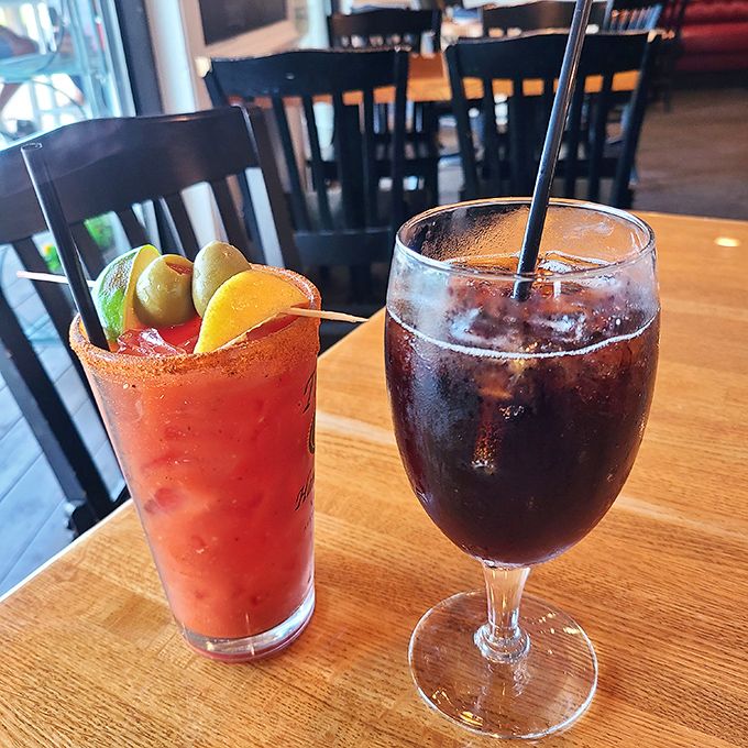 A proper Bloody Mary and iced tea—because hydration is important, especially when one option comes with its own salad bar of garnishes.