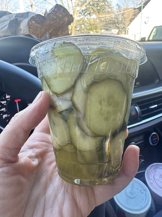 Pickle paradise in a cup! These tangy green discs aren't just condiments—they're palate cleansers between bites of burger bliss.