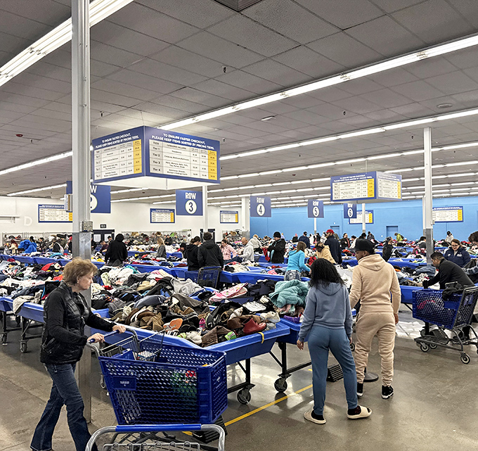 The weekend crowd performs the careful dance of the determined treasure hunter—eyes scanning, hands sorting, carts at the ready.