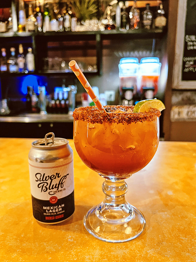 The perfect companion to smoky meats—a spicy rim, a cool drink, and a local brew standing by for reinforcement.