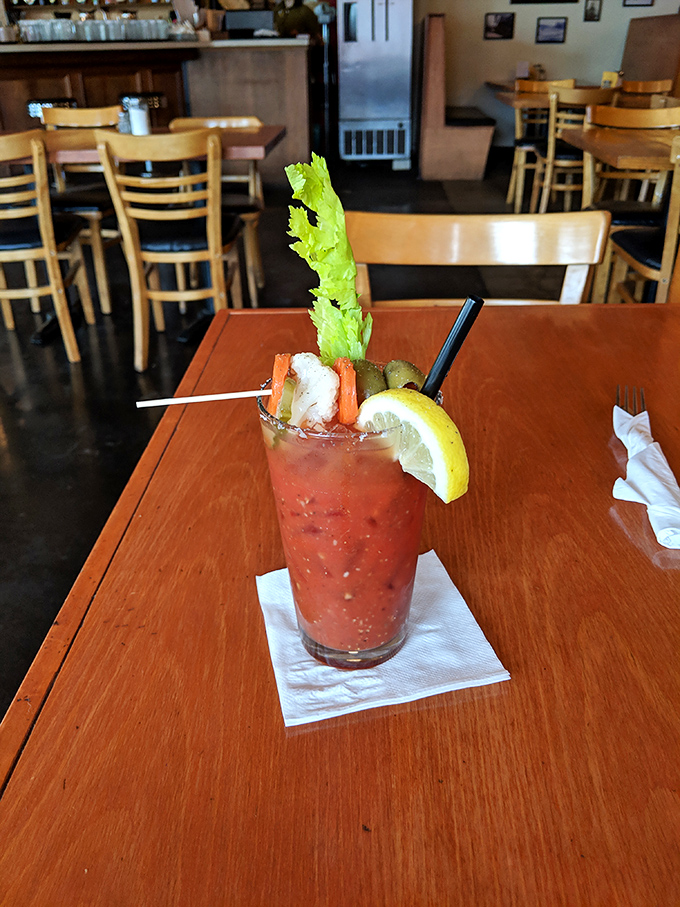A Bloody Mary garnished like a small salad – because drinking your vegetables is perfectly acceptable when there's a celery stalk involved.