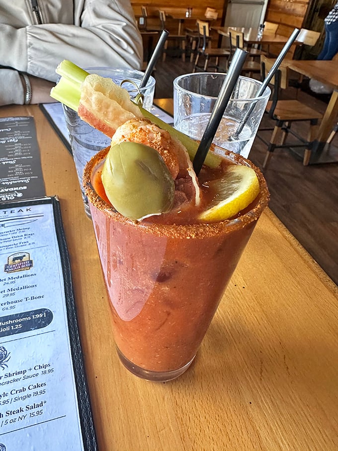 A Bloody Mary that's practically a meal unto itself, garnished with enough accessories to make a fashionista jealous.