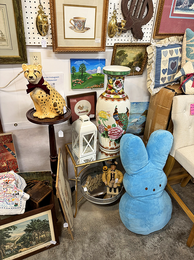 An eclectic cornucopia where ceramic cheetahs keep company with ornate vases and plush bunnies – it's like a fever dream of home décor possibilities.