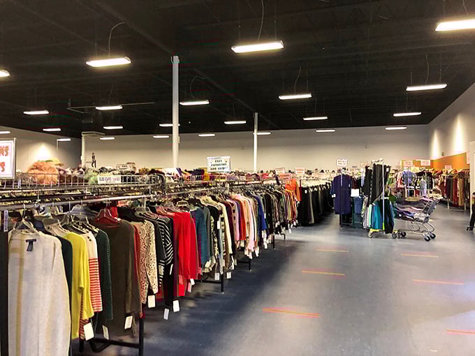 The clothing section stretches as far as the eye can see. Like a department store where everything has been pre-softened for your comfort and pre-discounted for your wallet.