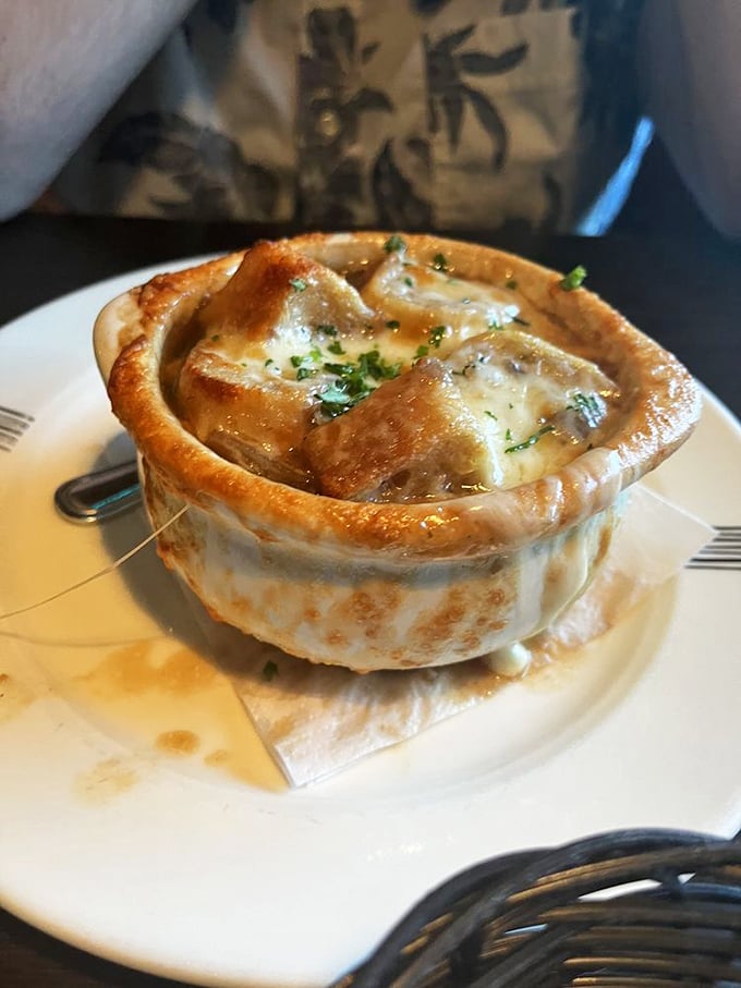 This French onion soup isn't just comfort food—it's a warm hug in a ceramic bowl.