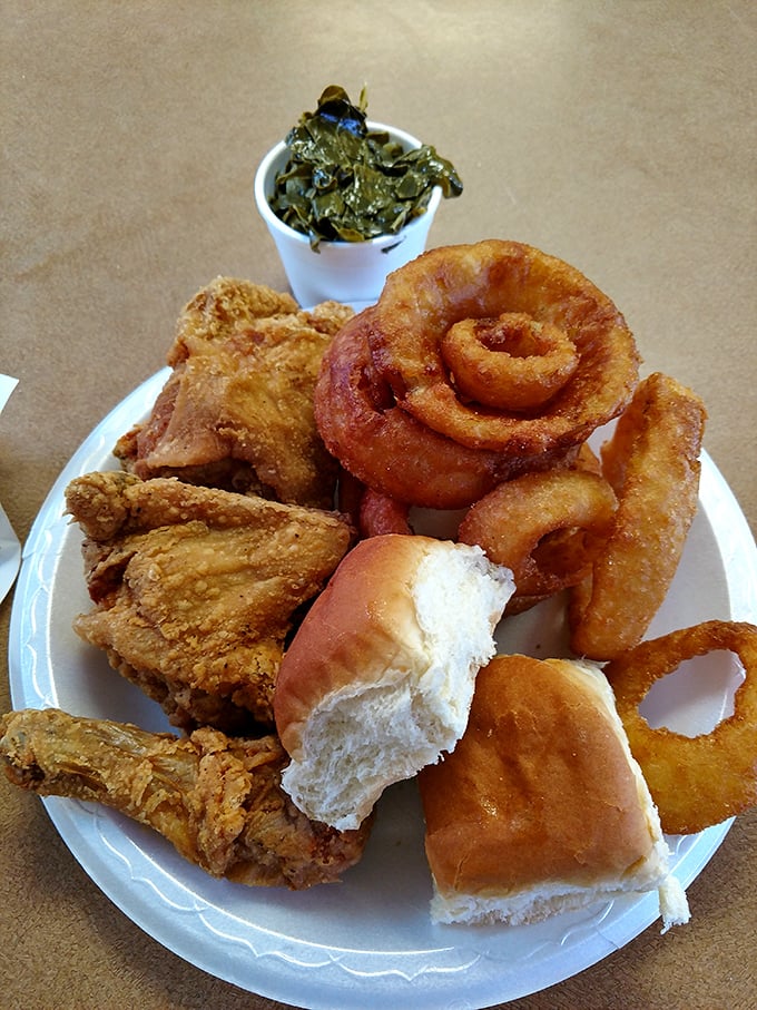 8. fried chicken with onion rings and collards