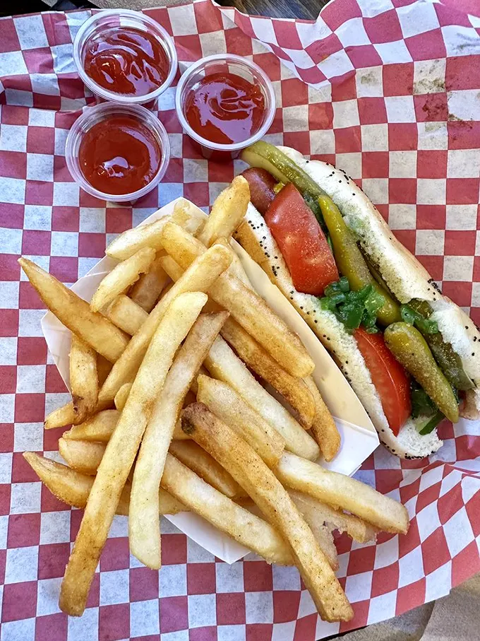 Golden fries that achieve that mythical balance between crispy exterior and fluffy interior. The hot dog's perfect dance partner.