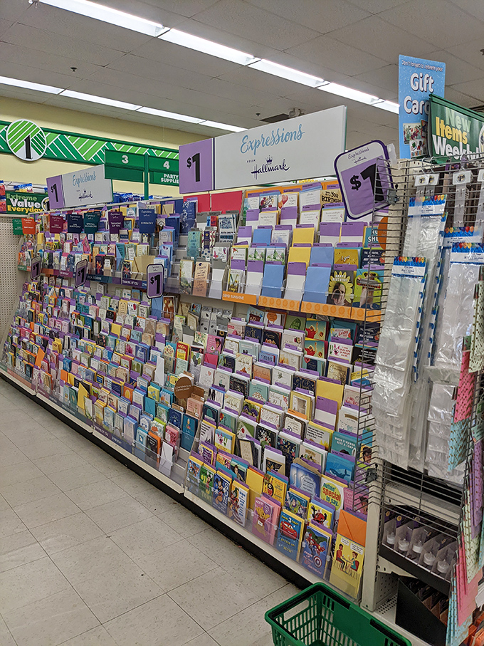 The greeting card wall—because expressing heartfelt emotions shouldn't require taking out a small loan. Hallmark quality, lunchbox price!