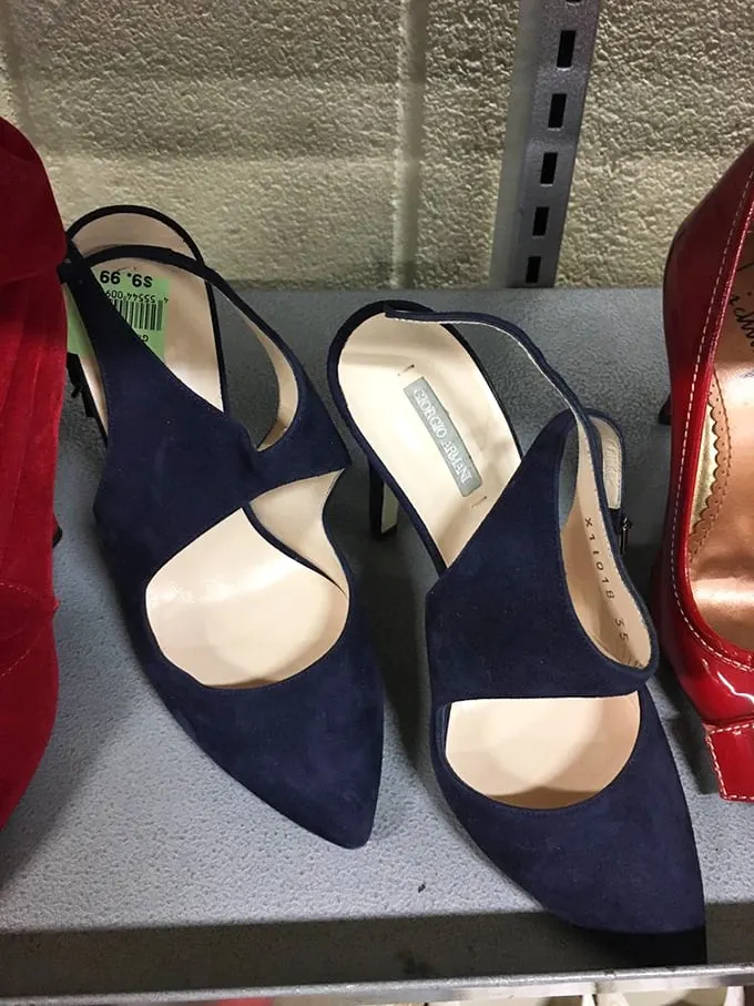 Designer dreams at down-to-earth prices. Those navy blue slingbacks aren't just shoes—they're the Cinderella story waiting to happen.