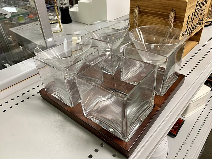 Crystal glassware that once clinked at celebrations, now waiting to toast your next special occasion. 
