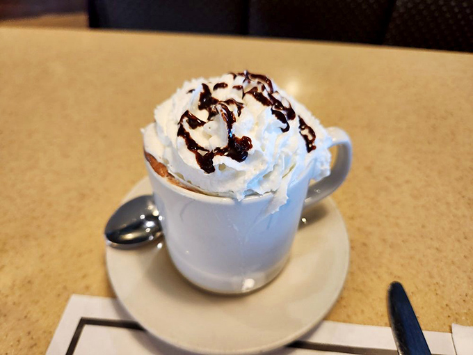Hot chocolate elevated to art form status. That mountain of whipped cream with chocolate drizzle isn't just a topping—it's the exclamation point on liquid happiness.