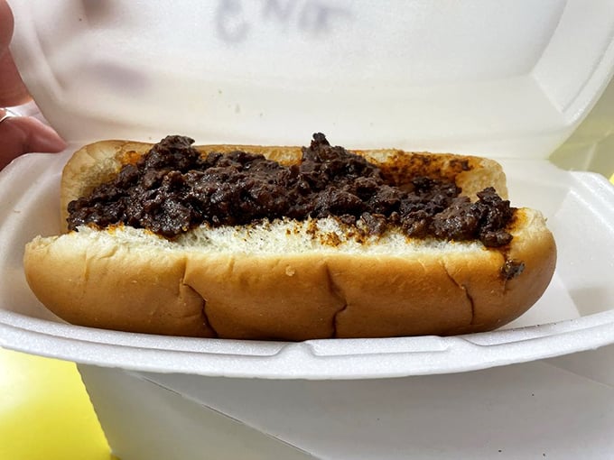 This chili dog isn't just lunch—it's a childhood memory served on a soft bun with a side of pure joy.