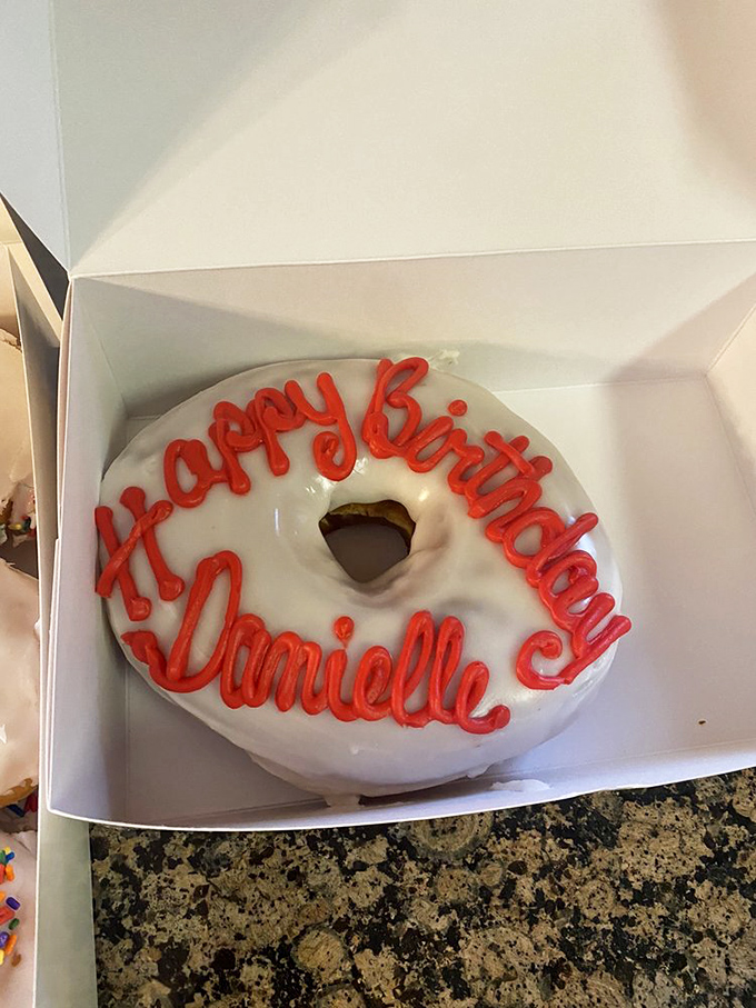 Birthday wishes written in frosting—the universal language of celebration. This personalized donut transforms an ordinary day into something memorably sweet.
