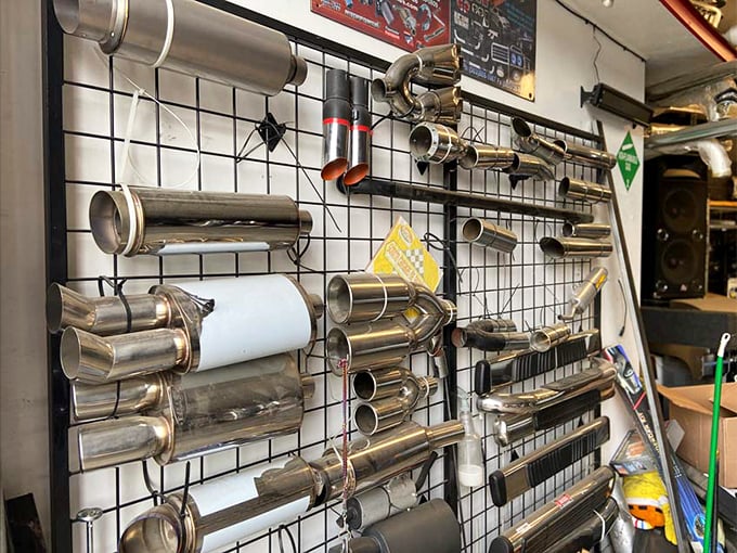 Not just mufflers—it's an industrial art gallery where car parts become wall sculptures. Practical meets peculiar in the best possible way.