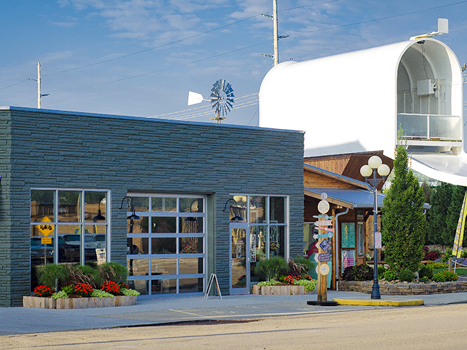 Blue-painted storefronts and an enormous mailbox peeking from behind – Casey's aesthetic is "traditional Americana meets Alice in Wonderland."