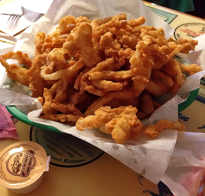 These aren't just onion rings – they're golden halos of happiness that have been perfected over decades of deep-frying dedication.