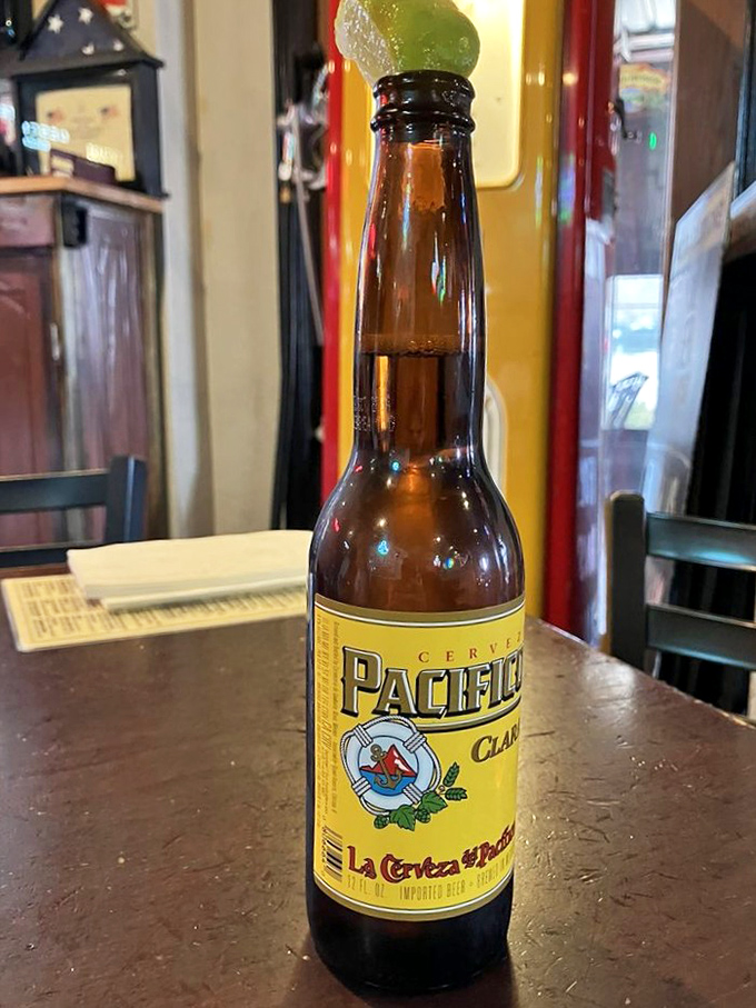 A cold Pacifico—because sometimes the perfect accompaniment to a great burger is a beer that knows how to get out of the way.