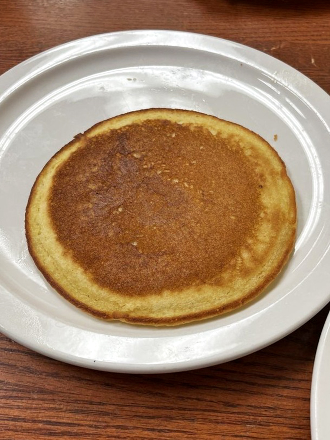 One perfect pancake—golden brown, slightly crisp at the edges, fluffy within. The humble canvas awaiting your syrup artistry.