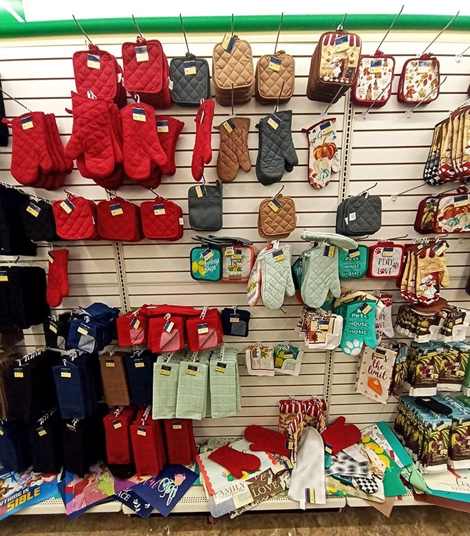 Kitchen accessories in festive holiday colors that would make Julia Child smile—practical, cheerful, and priced for the budget-conscious home chef.