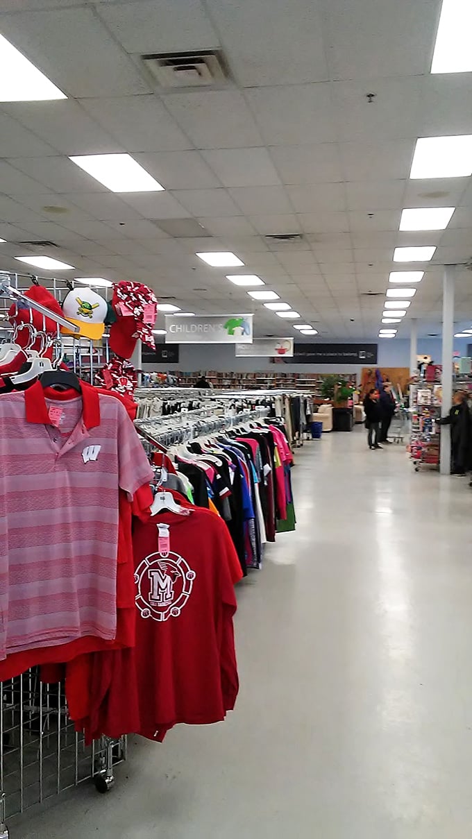 Wisconsin pride on full display! Badger red and local school spirit finds new life on these racks, ready for the next big game.