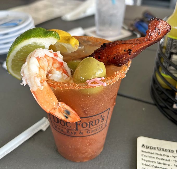 Not your grandmother's Bloody Mary. This spicy concoction, garnished with shrimp and bacon, serves as both cocktail and appetizer—multitasking at its finest.