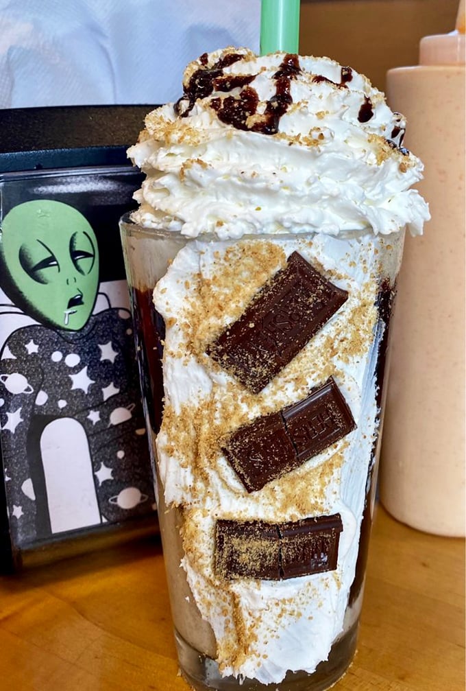 Not all heroes wear capes—some come in glassware. This s'mores shake, crowned with whipped cream and chocolate, is basically childhood nostalgia in drinkable form.