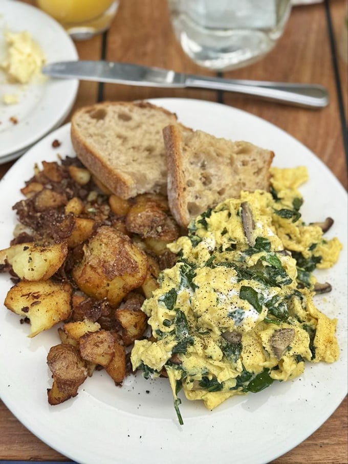 Those potatoes deserve their own fan club—crispy, golden nuggets of breakfast joy alongside eggs that define "perfectly scrambled."