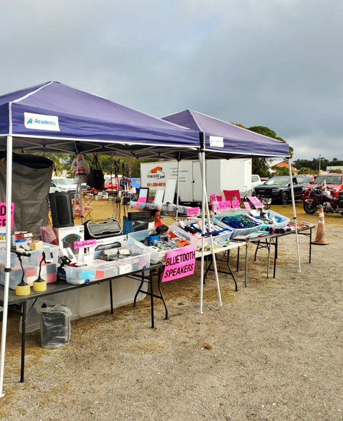 Modern technology meets swap meet economics. Today's Bluetooth speakers sit alongside yesterday's gadgets, proving that everything old becomes new again—eventually.