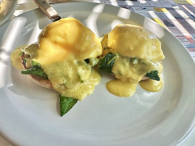 Eggs Benedict gets the spinach treatment in this morning masterpiece. Hollandaise sauce cascading down like a yellow waterfall of happiness.