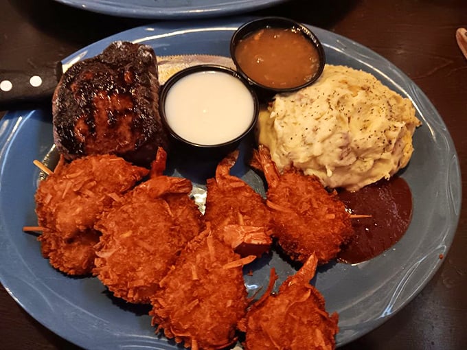 Surf meets turf in the most delicious blind date ever. Those coconut shrimp could make a pescatarian out of the most devoted carnivore.