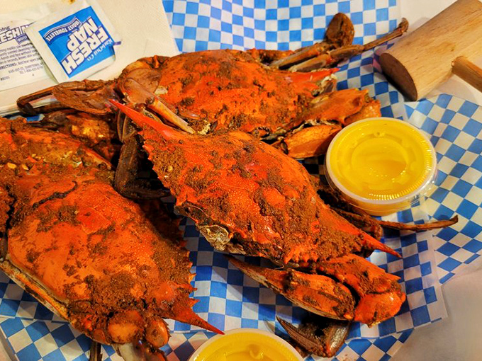 Maryland's famous steamed crabs, wearing their Old Bay armor with pride. Prepare for a delicious battle that requires both tools and patience.