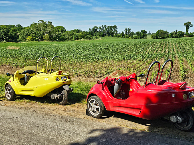 Nothing says "I'm embracing Lancaster County adventure" quite like these candy-colored scooters parked alongside cornfields that stretch to the horizon.