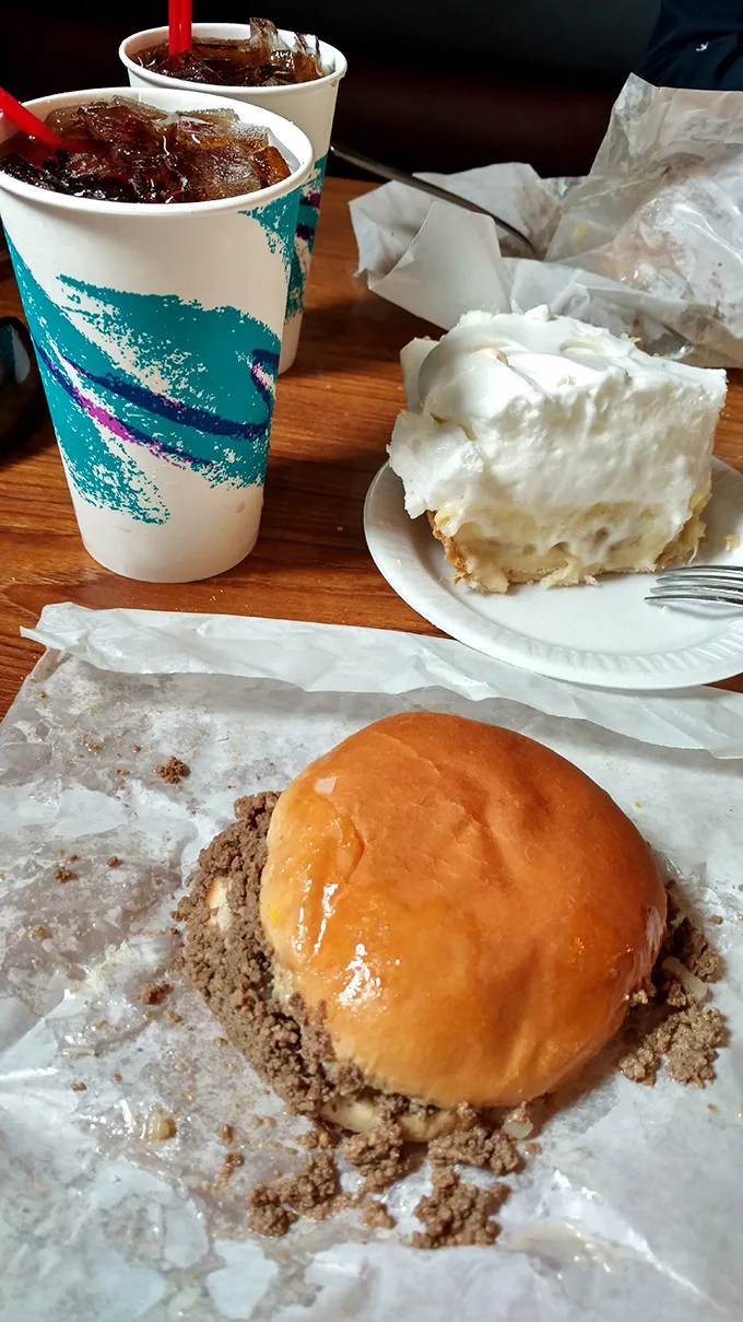 The complete Maid-Rite experience: loose meat sandwich, cream pie, and a soda – the Midwest's answer to a three-course meal.