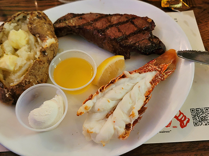Surf meets turf in perfect harmony—a marriage of land and sea featuring a perfectly cooked steak alongside sweet lobster meat that needs no prenup.