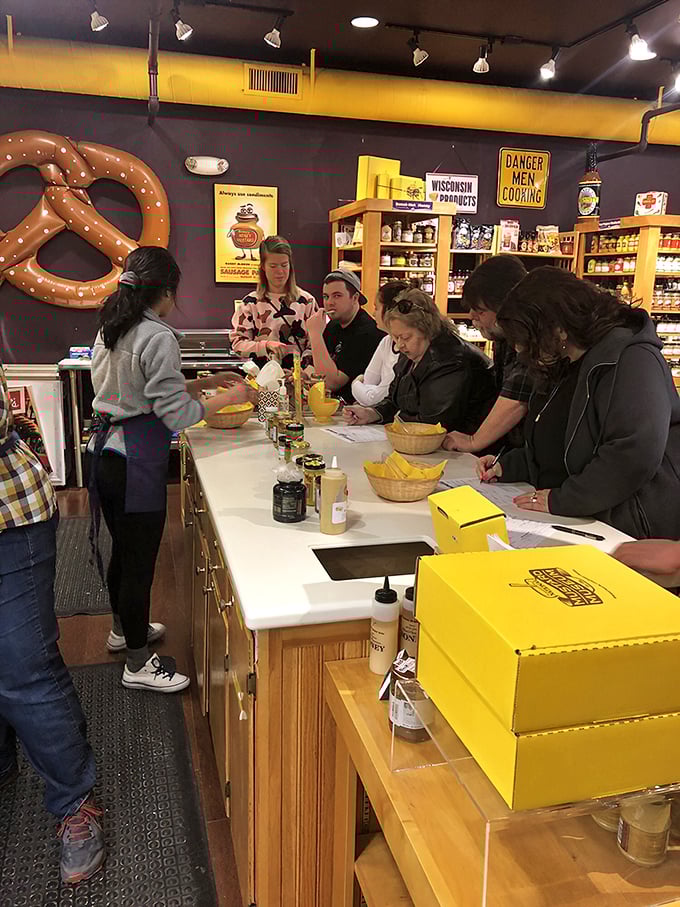 That giant pretzel on the wall isn't just decoration—it's a reminder of mustard's perfect companion in this hands-on culinary classroom.