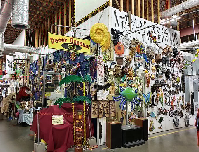 "Decor Unusual" lives up to its name—where else can you find tiki masks and metal sculptures having a design conversation?