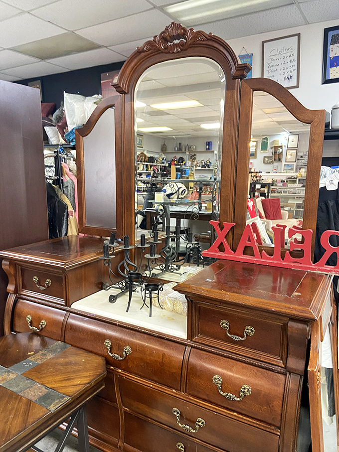 This vintage vanity doesn't just hold your makeup—it holds decades of morning routines and "you look marvelous" moments.
