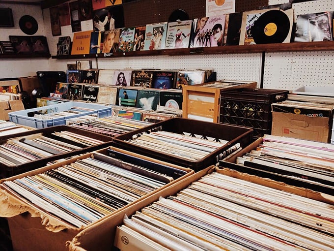 Vinyl paradise for analog music lovers. Each crate holds potential sonic treasures waiting to be rediscovered and spun anew.