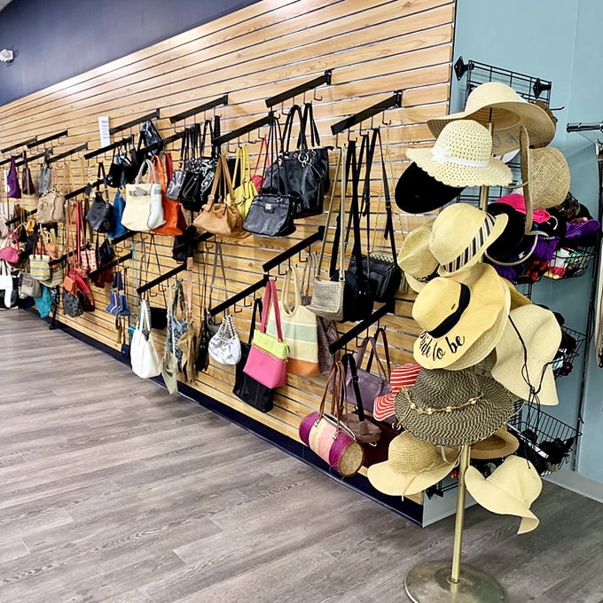 Accessory nirvana: where beach-ready sun hats and designer handbags coexist in perfect harmony.