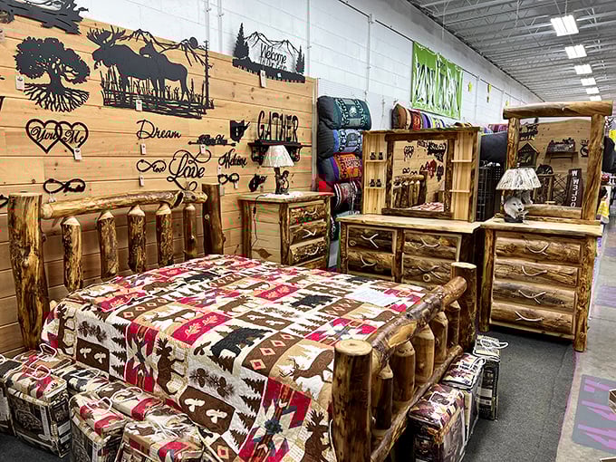 Rustic log furniture that makes you suddenly contemplate a cabin lifestyle, complete with flannel shirts and morning coffee on the porch.