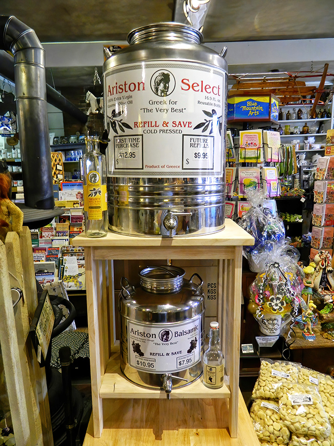 Not just a drink—it's liquid gold from Greece in magnificent metal containers. The "refill and save" option speaks to both tradition and sustainability.