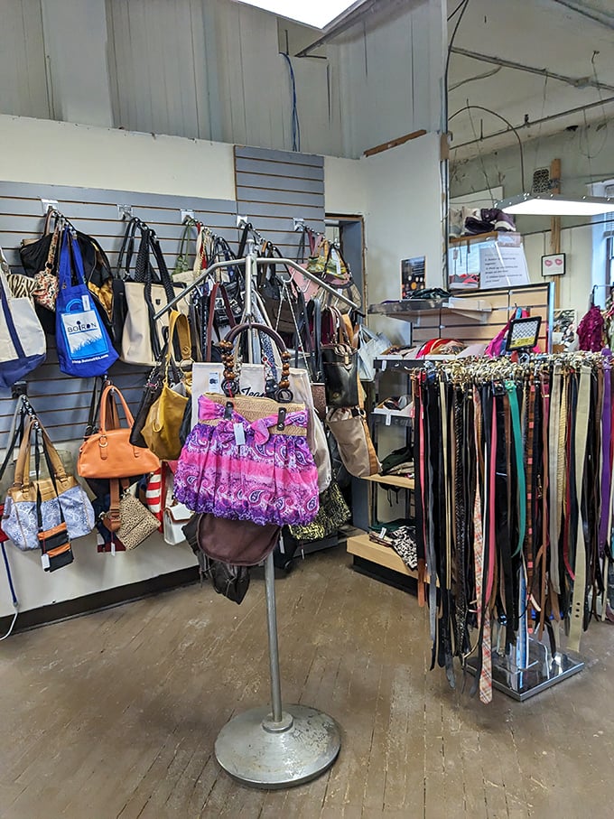 Handbag heaven where yesterday's designer splurges await new adventures. That purple floral tote is practically begging for a trip to the farmers market.