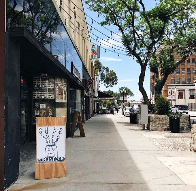 String lights and sidewalk charm create Pomona's perfect urban oasis, where historic buildings house modern cafés perfect for post-antiquing refreshment.