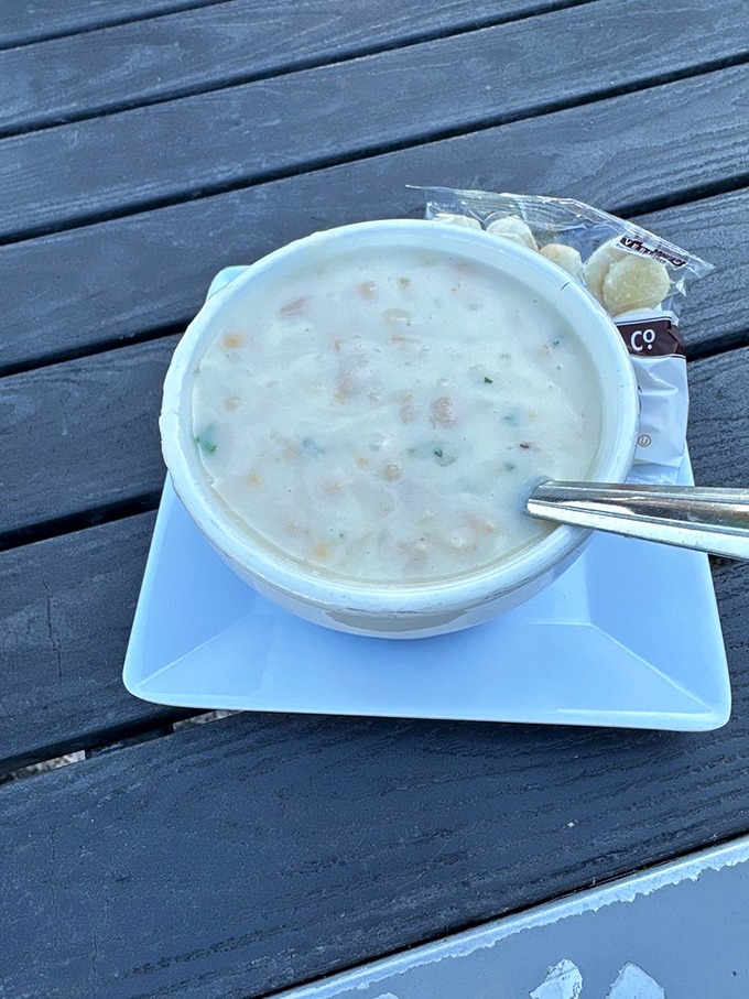 Clam chowder done right – creamy without being gloppy, loaded with tender clams, and demanding to be savored slowly as island time ticks by.