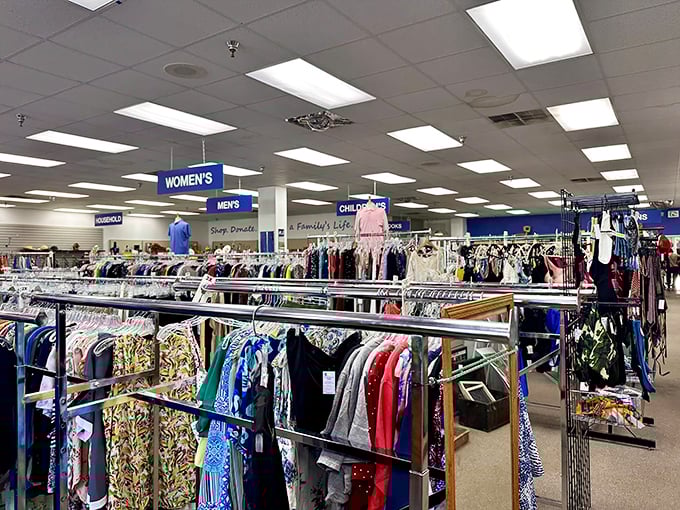Department store organization meets bargain hunter's paradise—clear signage that actually helps you find what you're looking for. Revolutionary!