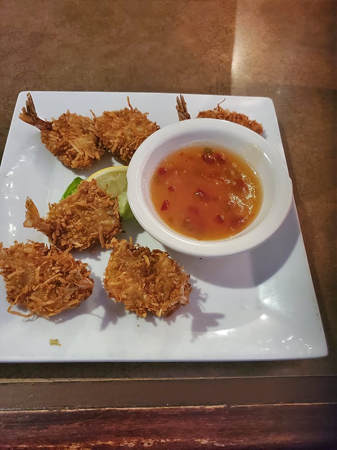 Coconut shrimp with the perfect crunch-to-sweetness ratio – like tropical vacations and comfort food had a delicious baby. 