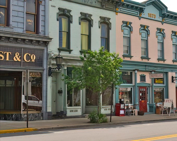 Pastel-colored buildings with ornate trim create a streetscape that feels both grand and intimate. Window shopping here becomes an unexpected cultural experience.