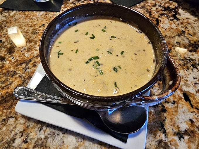 A velvety mushroom soup that makes you wonder why anyone would ever eat mushroom soup from a can again.