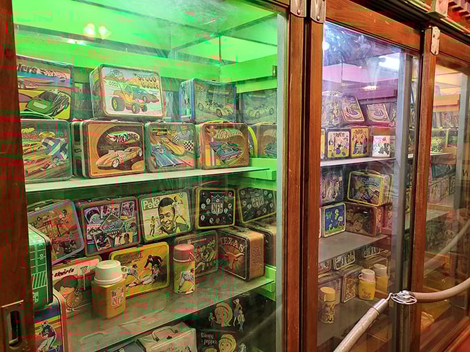 Hot Wheels, Barbie, and cereal box prizes – this display case is basically the '70s childhood experience preserved under glass for future generations.